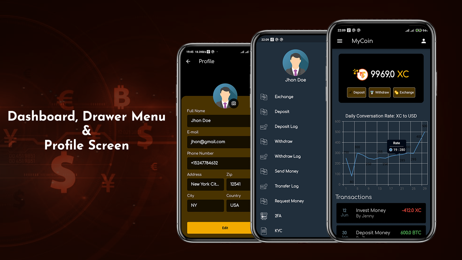 MyCoin - Digital Coin Currency Wallet and Payment Gateway Flutter App UI Kit by AppDevsX